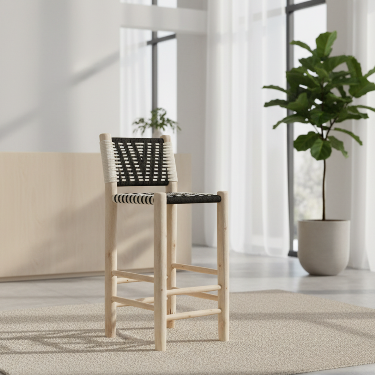 Rustic Laurel Wood Counter Stool - Handmade Moroccan Chair – King Of ...
